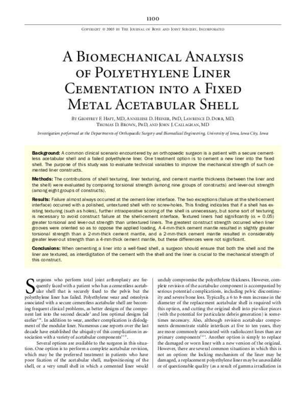 (PDF) A Biomechanical Analysis of Polyethylene Liner Cementation into a ...
