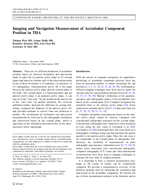 Pdf Imaging And Navigation Measurement Of Acetabular Component Position In Tha