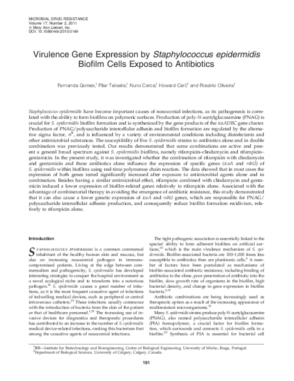 (PDF) Virulence Gene Expression by Staphylococcus epidermidis Biofilm ...
