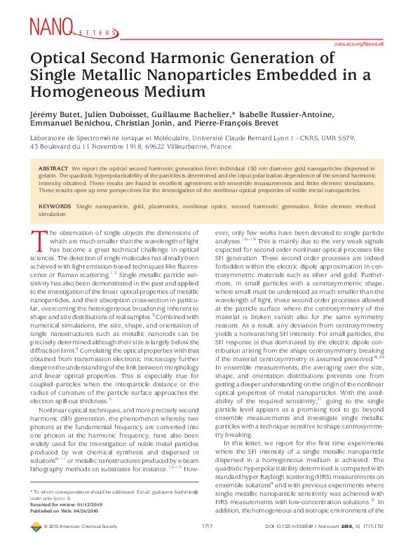 (PDF) Optical Second Harmonic Generation of Single Metallic Nanoparticles Embedded in a ...
