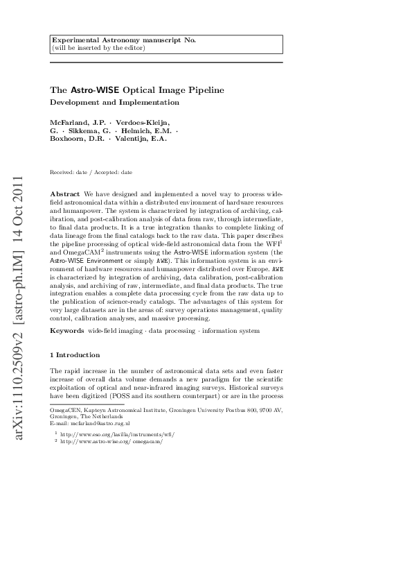 (PDF) The Astro-WISE Optical Image Pipeline: Development and Implementation