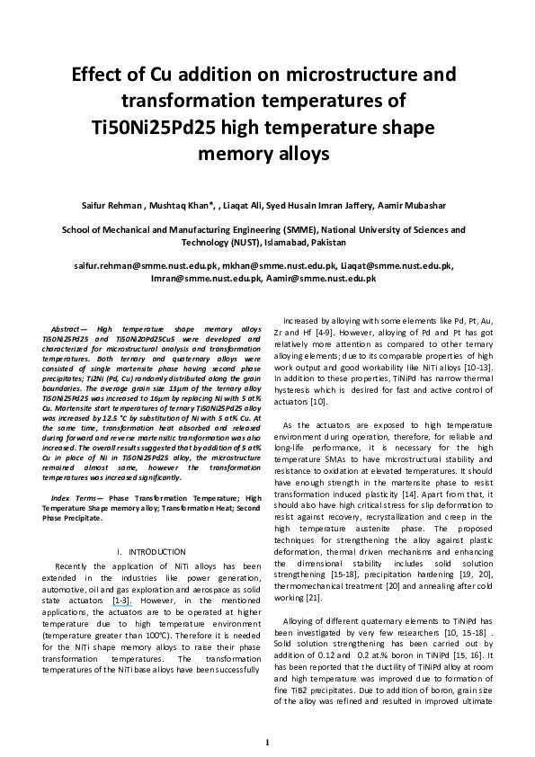 Pdf Effect Of Cu Addition On Microstructure And Transformation Temperatures Of Ti50ni25pd25