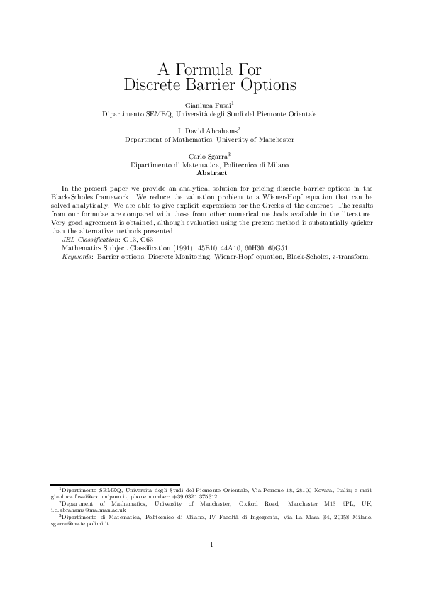 (PDF) A Formula For Discrete Barrier Options