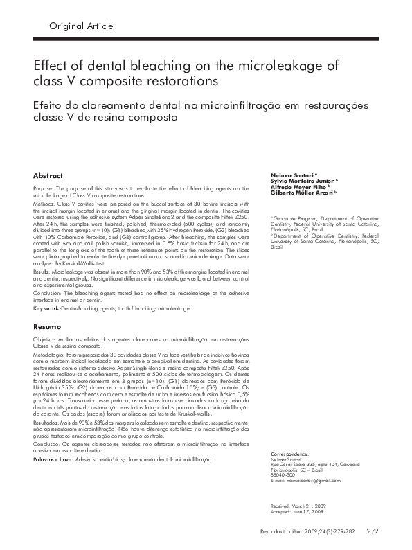 Pdf Effect Of Dental Bleaching On The Microleakage Of Class V Composite Restorations