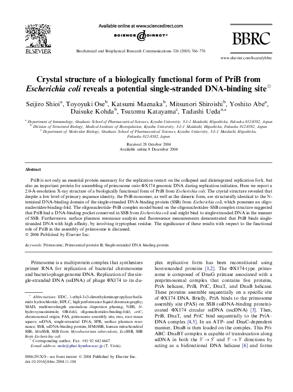 (PDF) Crystal structure of a biologically functional form of PriB from ...