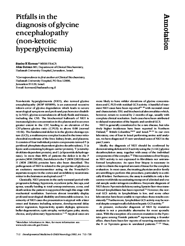 (PDF) Pitfalls in the diagnosis of glycine encephalopathy (non-ketotic ...
