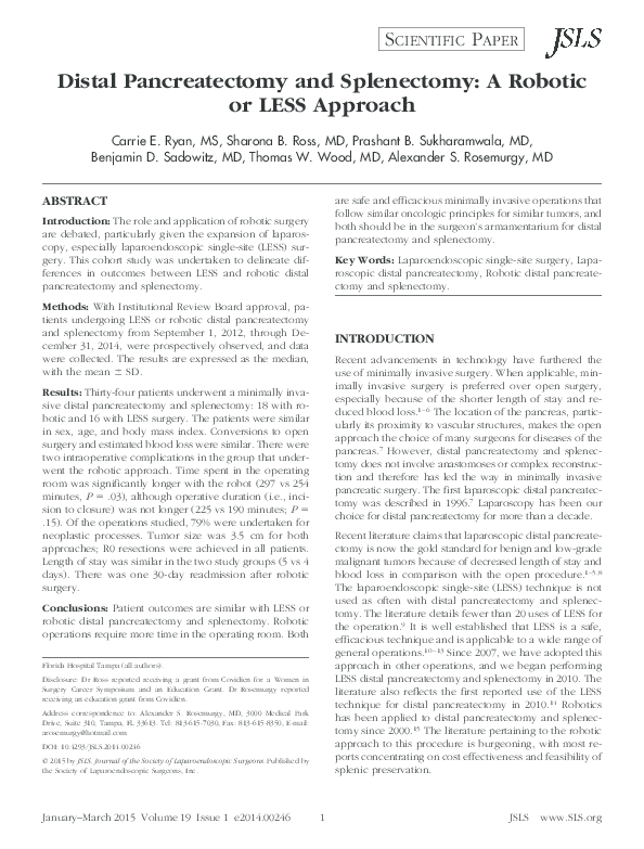 (PDF) Distal Pancreatectomy and Splenectomy: A Robotic or LESS Approach