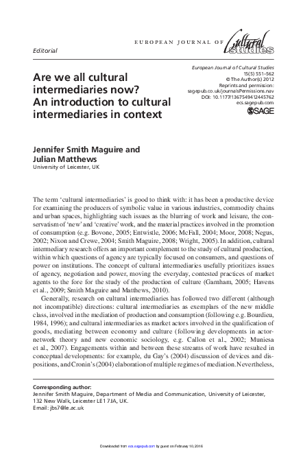 (PDF) Are we all cultural intermediaries now? An introduction to ...
