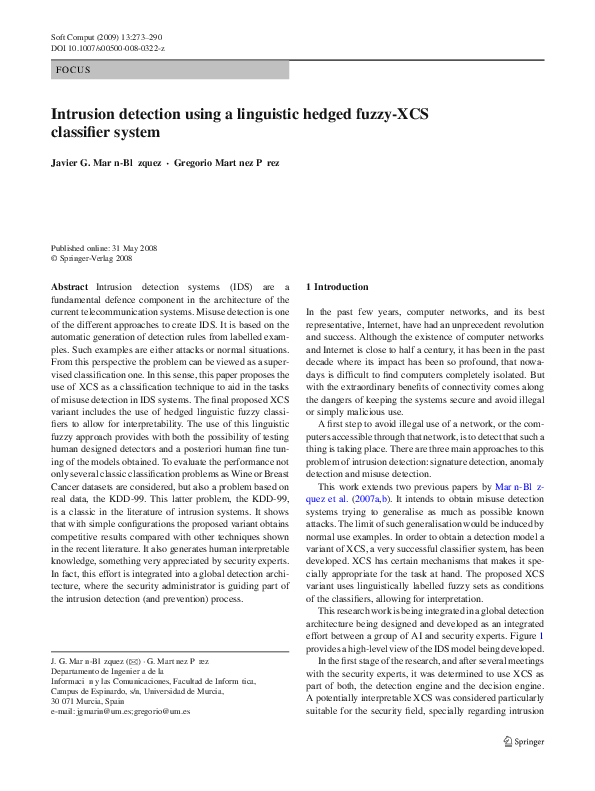 (PDF) Intrusion detection using a linguistic hedged fuzzy-XCS classifier system | Javier G ...