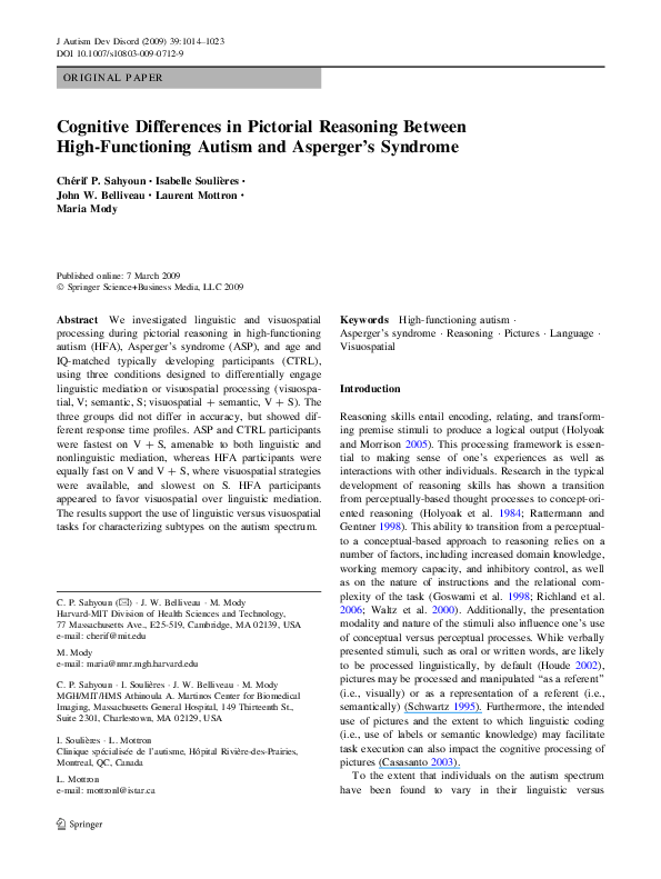 (PDF) Cognitive Differences in Pictorial Reasoning Between High-Functioning Autism and Asperger ...