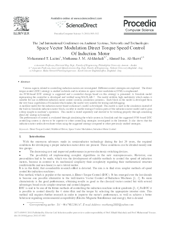 Pdf Space Vector Modulation Direct Torque Speed Control Of Induction Motor Masoome Seyed