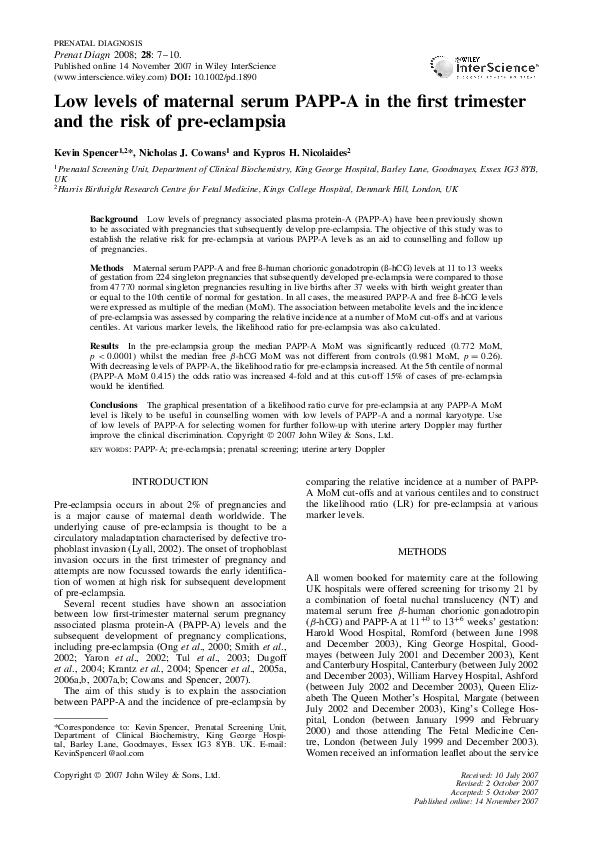 (PDF) Low levels of maternal serum PAPP-A in the first trimester and ...