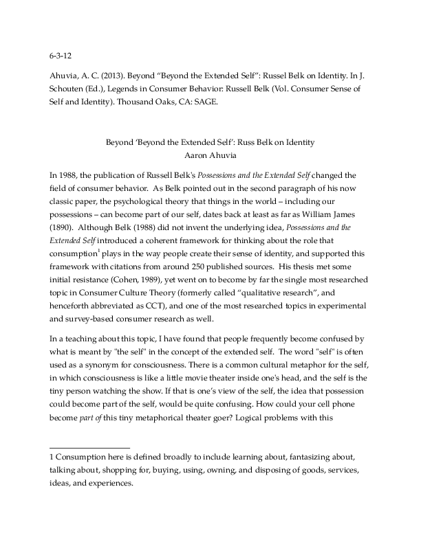 (DOC) Beyond ‘Beyond the Extended Self’: Russ Belk on Identity