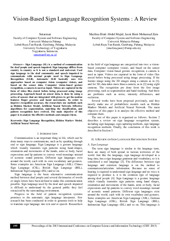 (PDF) Vision-Based Sign Language Recognition Systems : A Review