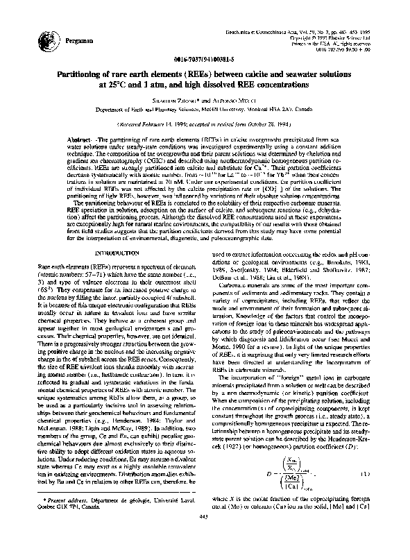 (PDF) Partitioning of rare earth elements (REEs) between calcite and seawater solutions at 25°C ...