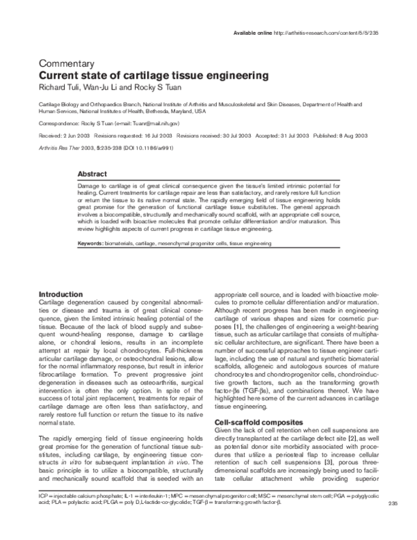 (PDF) Current state of cartilage tissue engineering