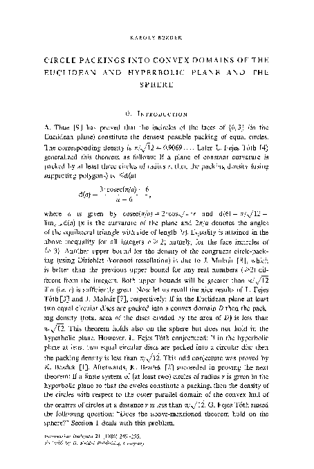 (PDF) Circle packings into convex domains of the Euclidean and hyperbolic plane and the sphere ...