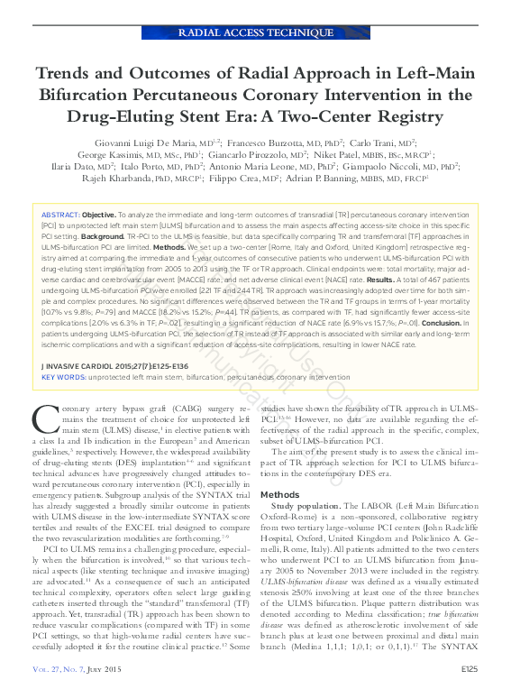 (PDF) Trends and Outcomes of Radial Approach in Left-Main Bifurcation Percutaneous Coronary ...