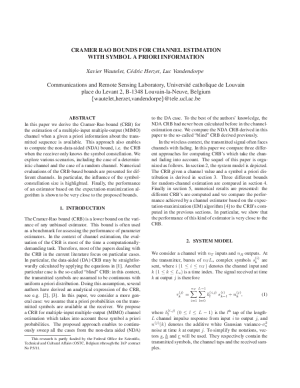 (PDF) Cramer Rao bounds for channel estimation with symbol a priori ...