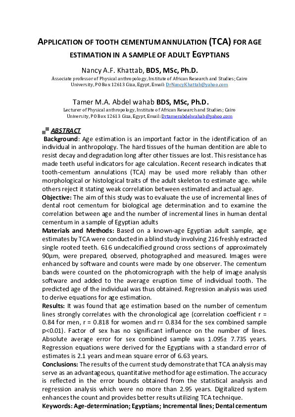 (PDF) APPLICATION OF TOOTH CEMENTUM ANNULATION (TCA) FOR AGE ESTIMATION IN A SAMPLE OF ADULT ...