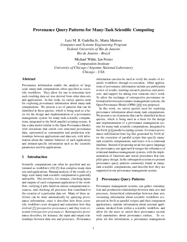 (PDF) Provenance query patterns for Many-Task scientific computing