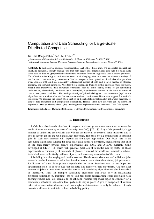 (PDF) Computation and data scheduling for large scale distributed computing
