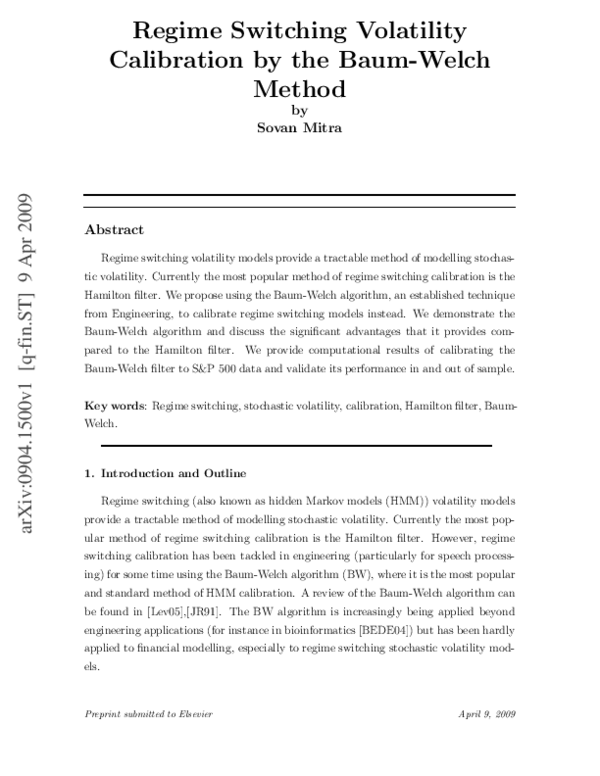 (PDF) Regime switching volatility calibration by the Baum–Welch method | paresh date and Sovan ...