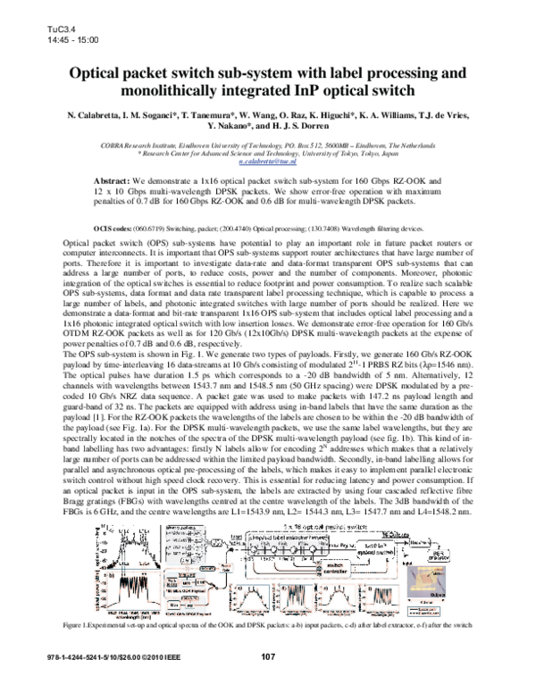 Pdf Optical Packet Switch Sub System With Label Processing And Monolithically Integrated Inp