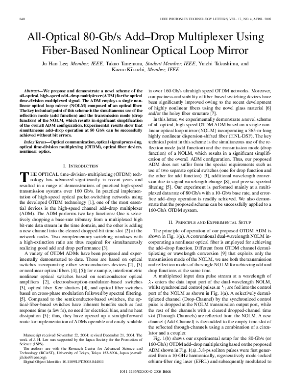 (PDF) All-optical 80-Gb/s add-drop multiplexer using fiber-based nonlinear optical loop mirror