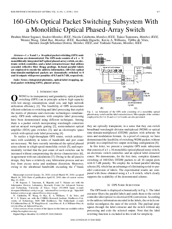 (PDF) 160-Gb/s Optical Packet Switching Subsystem With a Monolithic Optical Phased-Array Switch
