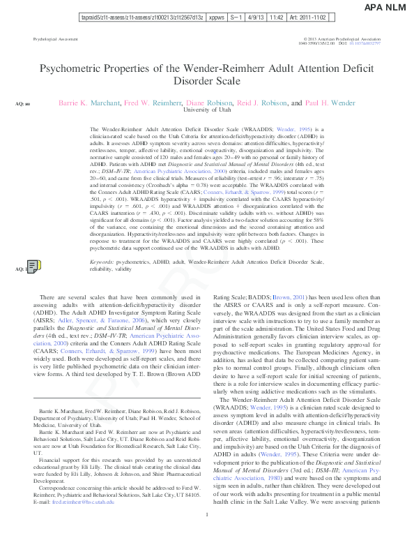 (PDF) Psychometric properties of the Wender-Reimherr Adult Attention ...