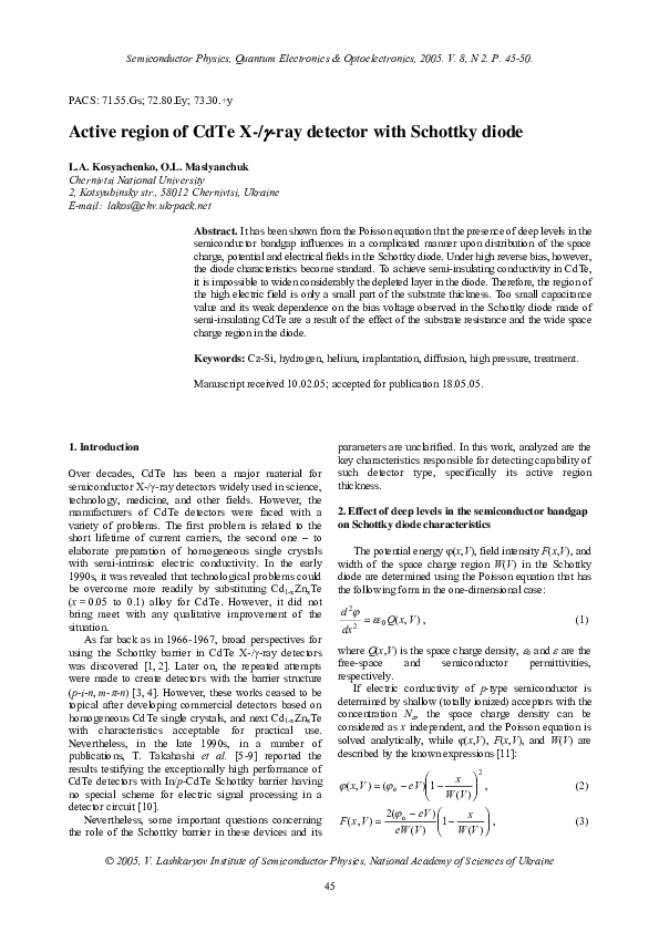 (PDF) Active region of CdTe X-/γ-ray detector with Schottky diode