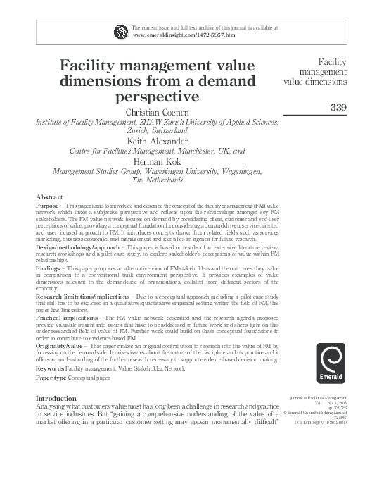 (PDF) Facility management value dimensions from a demand perspective