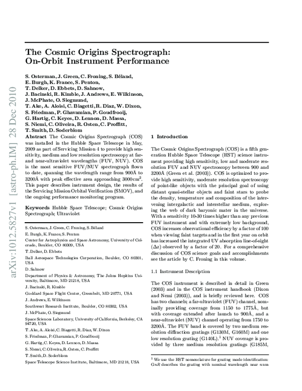 (PDF) The Cosmic Origins Spectrograph: on-orbit instrument performance