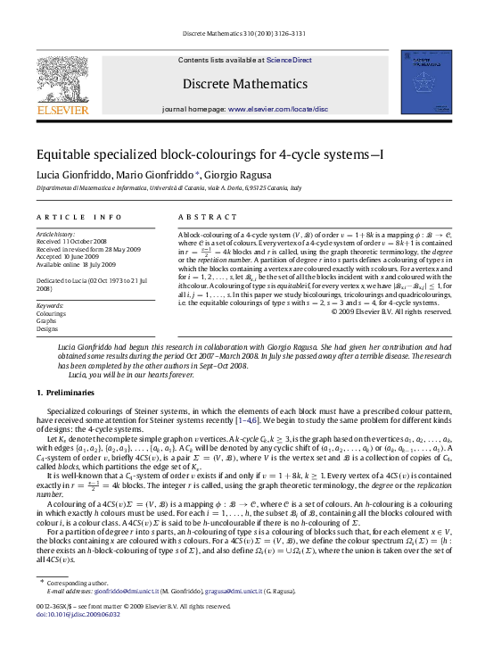 (PDF) Equitable specialized block-colourings for 4-cycle systems—I