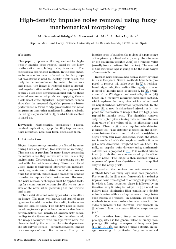 (PDF) High-density impulse noise removal using fuzzy mathematical morphology