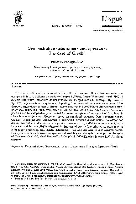 (PDF) Demonstrative determiners and operators: The case of Greek