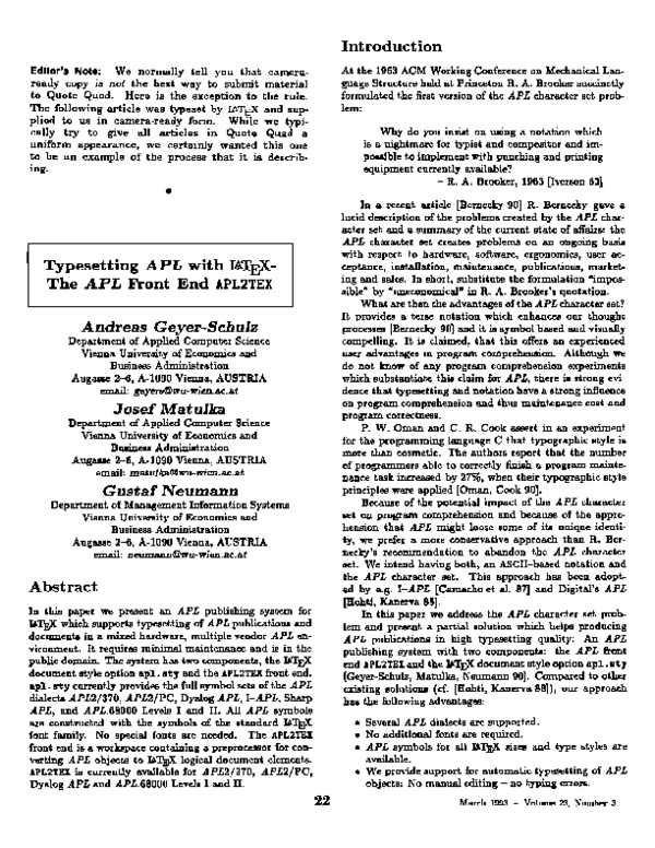 (PDF) Typesetting APL with Latex: the APL front end APL2Tex