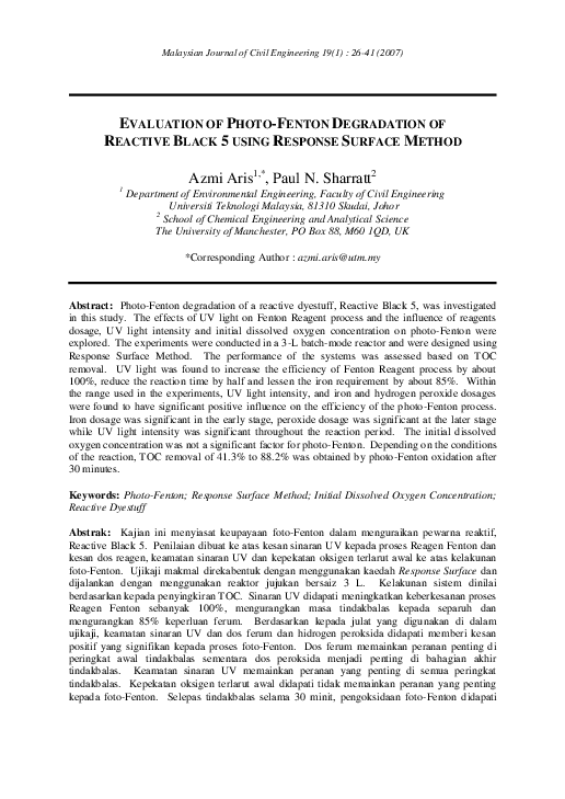 (PDF) EVALUATION OF PHOTO-FENTON DEGRADATION OF REACTIVE BLACK 5 USING ...