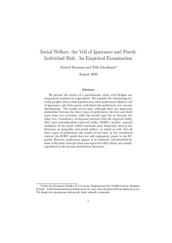 (PDF) Social Welfare, the Veil of Ignorance and Purely Individual Risk ...