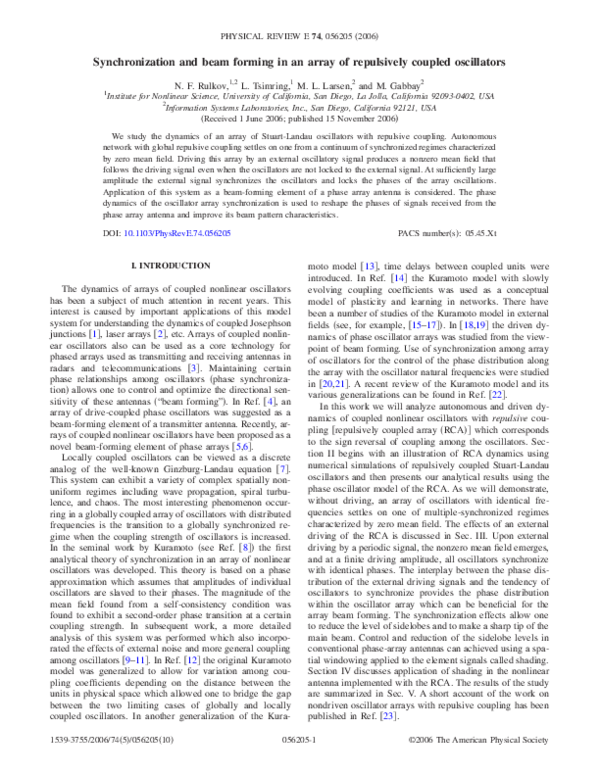 (PDF) Synchronization and beam forming in an array of repulsively coupled oscillators