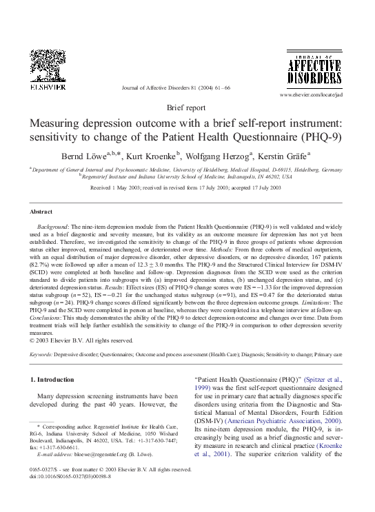 (PDF) Measuring depression outcome with a brief self-report instrument ...
