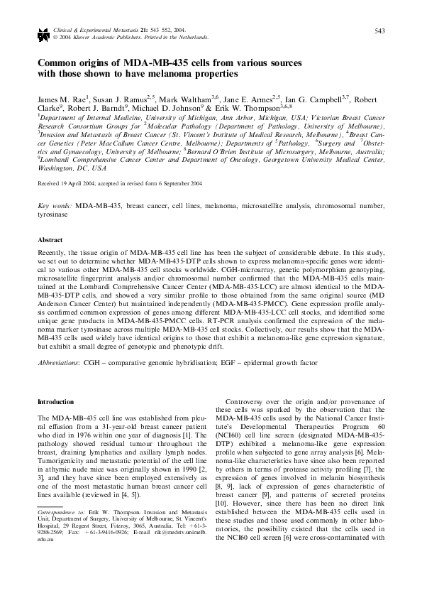 (PDF) Common origins of MDA-MB-435 cells from various sources with ...
