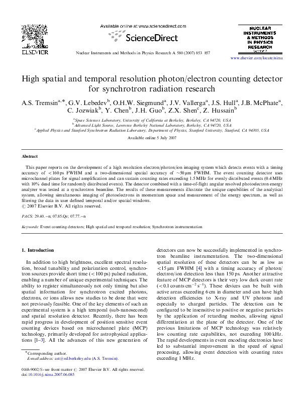 (PDF) High spatial and temporal resolution photon/electron counting detector for synchrotron ...