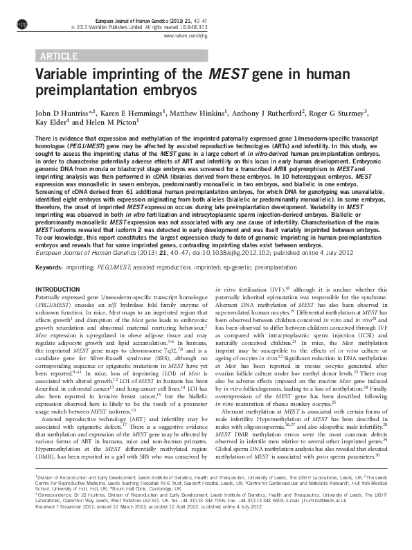 (PDF) Variable imprinting of the MEST gene in human preimplantation embryos