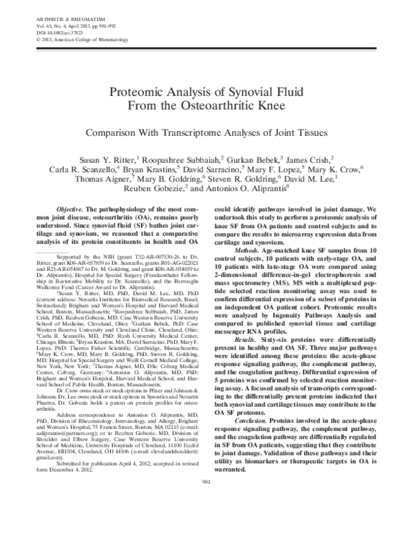(PDF) Proteomic analysis of synovial fluid from the osteoarthritic knee: Comparison with ...