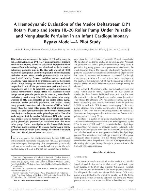 (PDF) A Hemodynamic Evaluation of the Medos Deltastream DP1 Rotary Pump ...