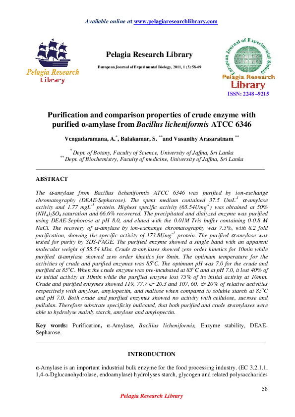 (PDF) Purification and comparison properties of crude enzyme withpurified Î±-amylase from ...
