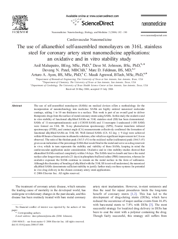 (PDF) The use of alkanethiol self-assembled monolayers on 316L stainless steel for coronary ...