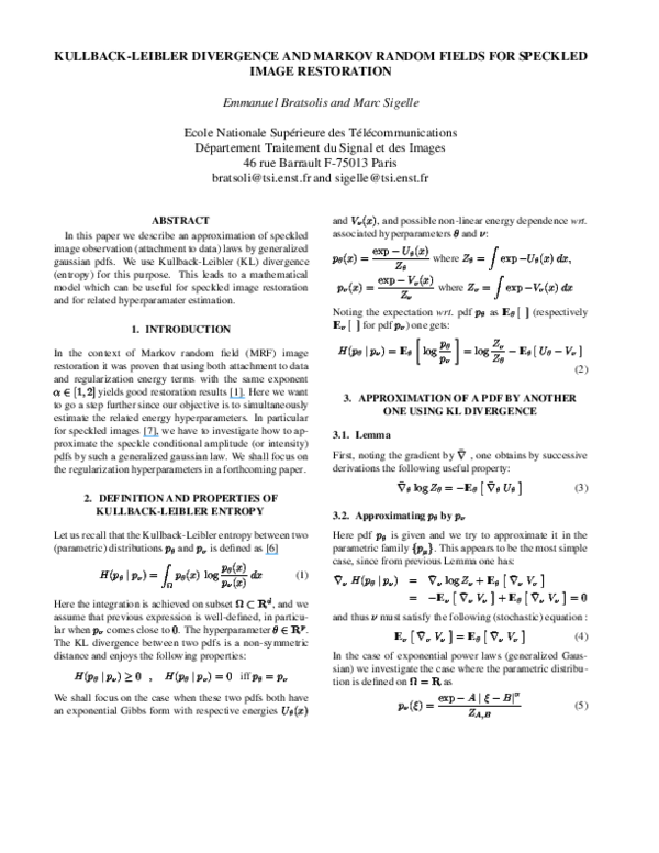 (PDF) Kullback-Leibler divergence and Markov random fields for speckled image restoration